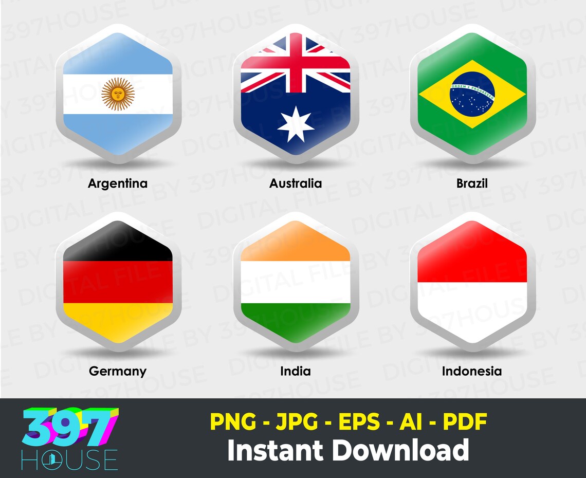 World Flags PNG, Group of G20 Countries Flags. Simple Hexagon Flags Are ...
