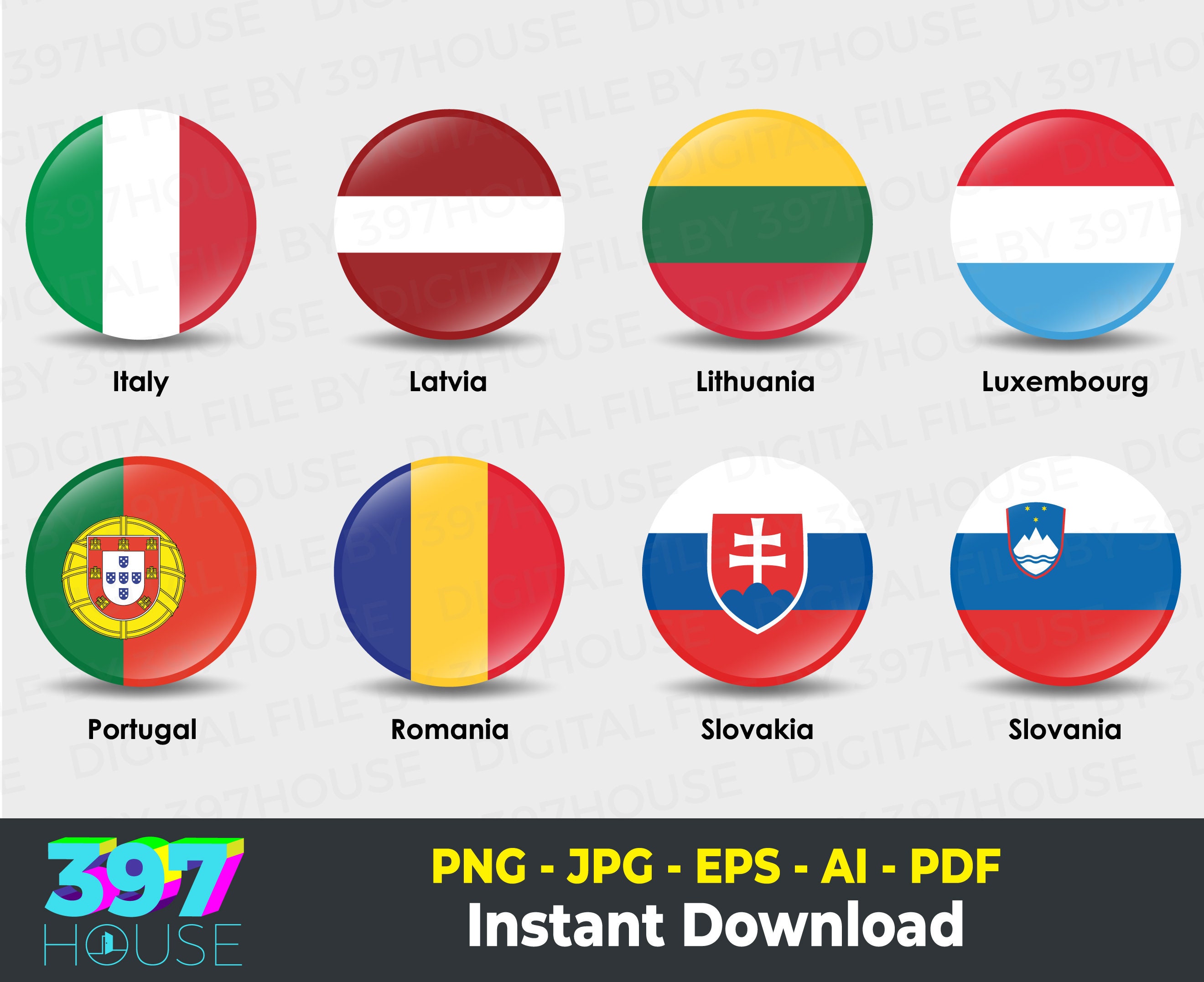 Vector Illustration of Round Shape Flags of the 28 Countries European Union, Png and Jpg Files ...