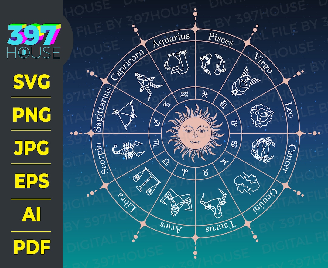 12 Zodiac SVG Astrology Wheel Constellations Clipart, Horoscope Circle ...
