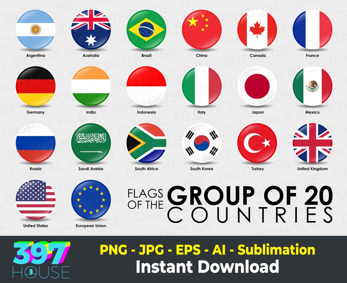 World Flags Svg, Group of G20 Countries Flags. Simple Round Flags Ready ...