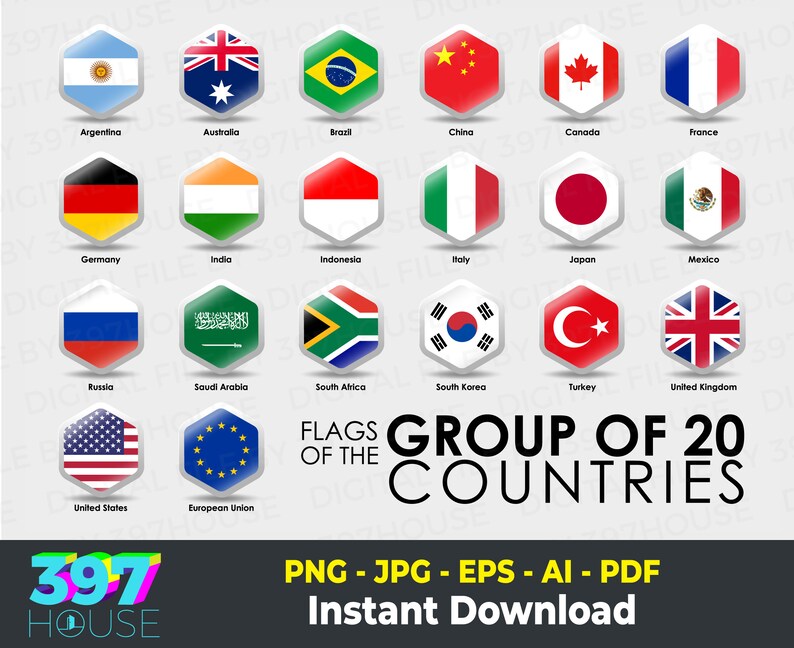 World Flags PNG, Group of G20 Countries Flags. Simple Hexagon Flags Are ...