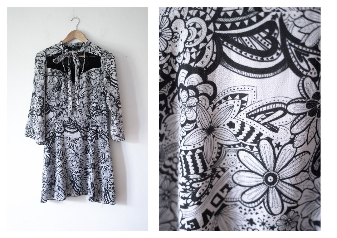 90's Black and White Mini Dress by Phard / Ink Style Print Size L - Etsy