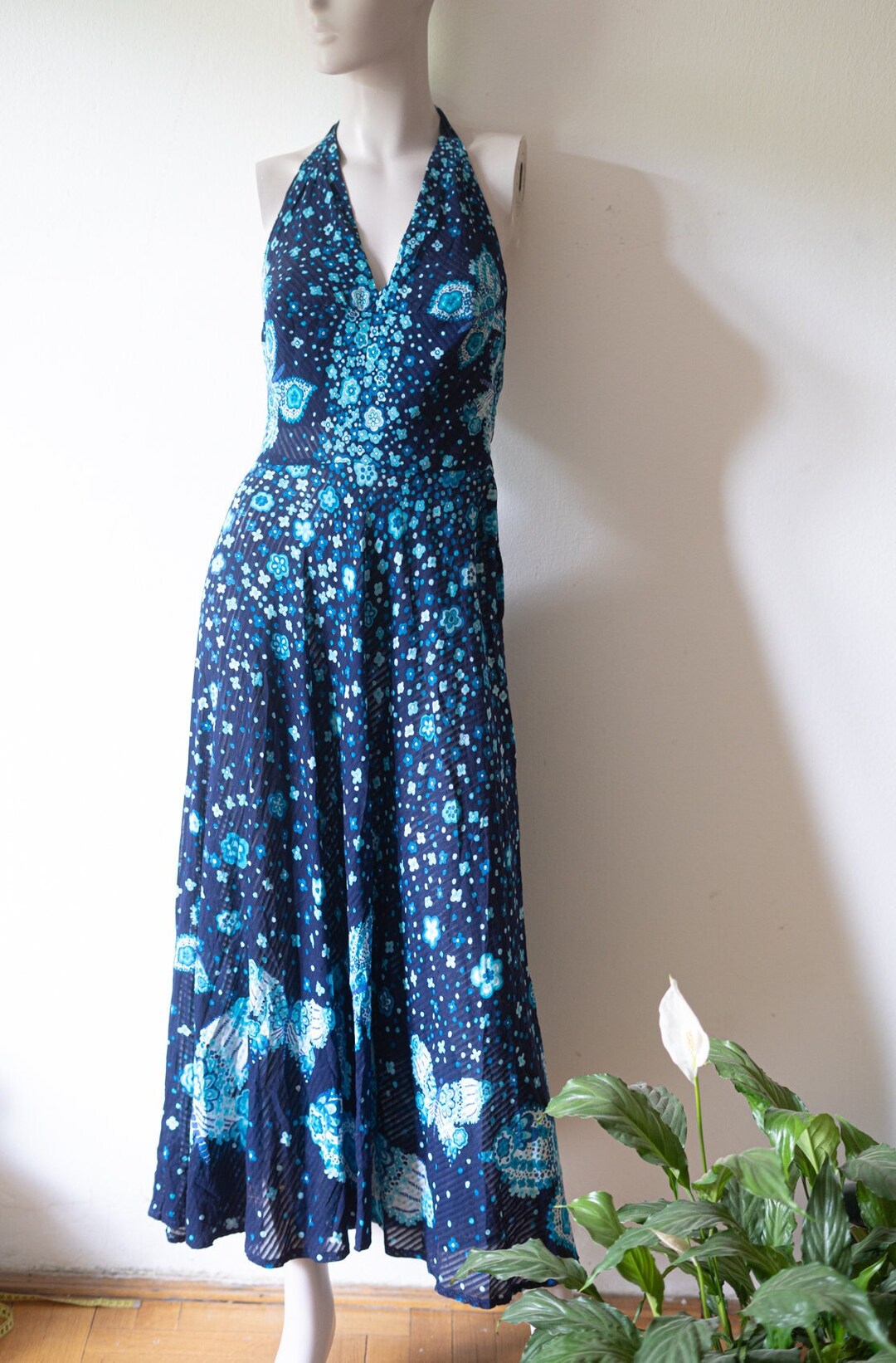 Indian Maxi Summer Dress Indigo Blue Halter Neck With Floral Print ...