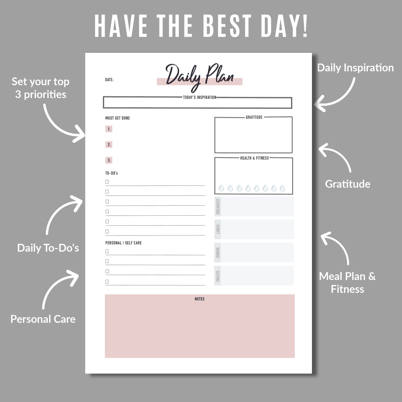 Plan for the Day, Daily to Do List, Undated Daily, Productivity Plan ...