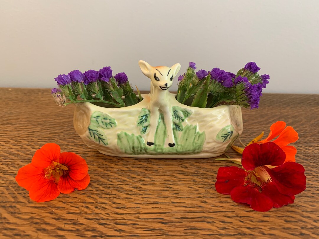 Vintage Weetman Giftware Ceramic Fawn or Deer on Log Double Posy Vase ...