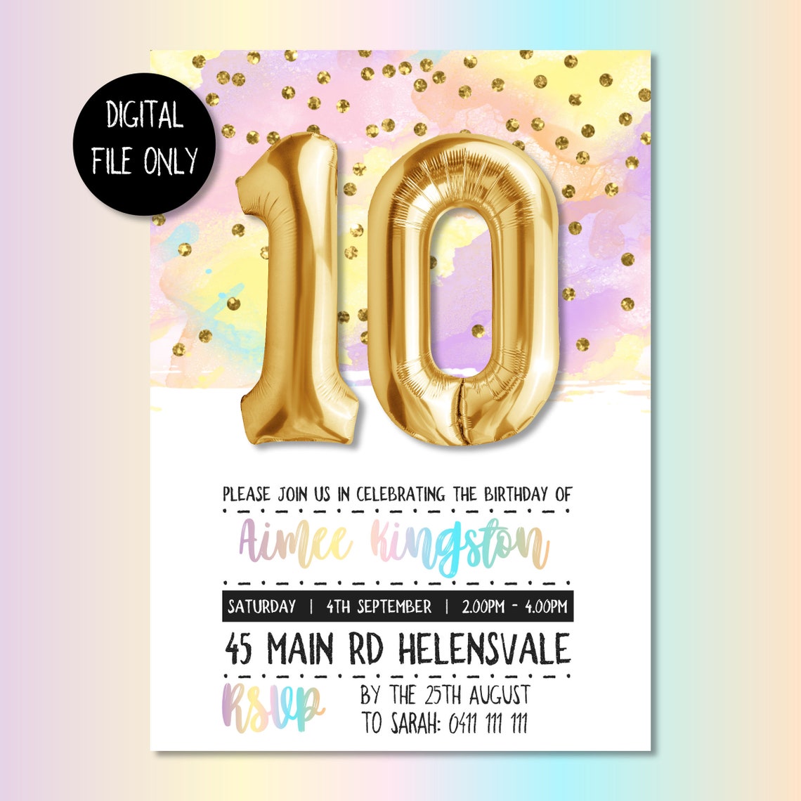 10TH BIRTHDAY INVITATION Balloon Invitation Rainbow | Etsy