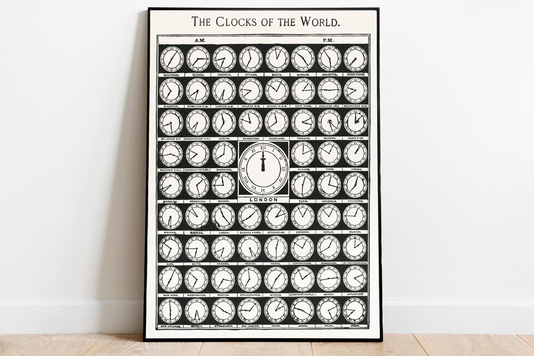 Vintage the Clocks of the World Print, Antique Time Zone Chart, Global ...