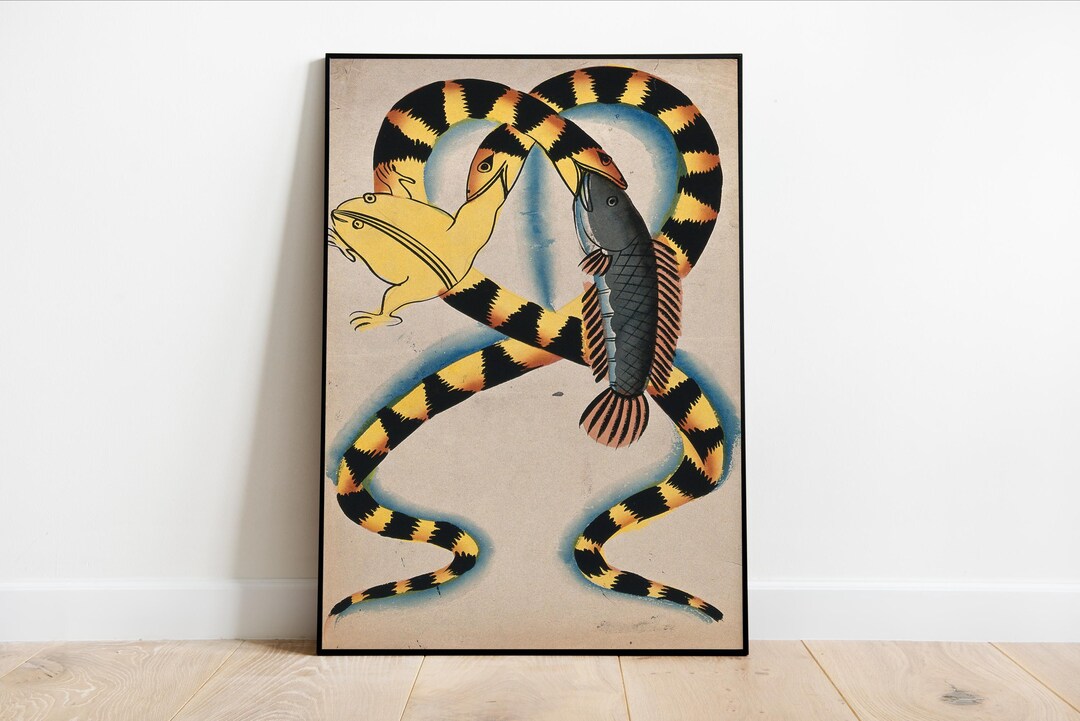 Two Watersnakes Swallowing Fish & Frog | Bengali Proverb Watercolor ...