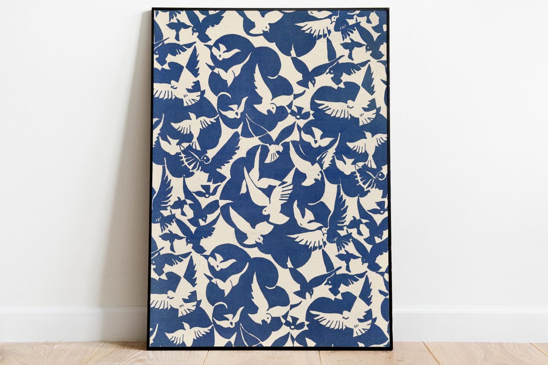 Pigeons in White and Blue, Textile Print, Vintage Engraving, Pattern ...