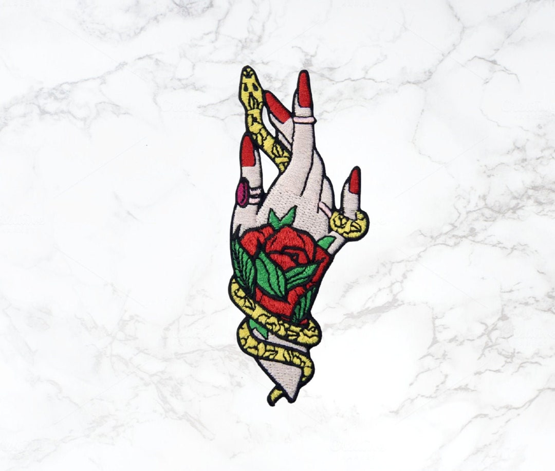 Floral Hand With Snake Iron on Patch Classic Vintage Embroidered Sew on ...
