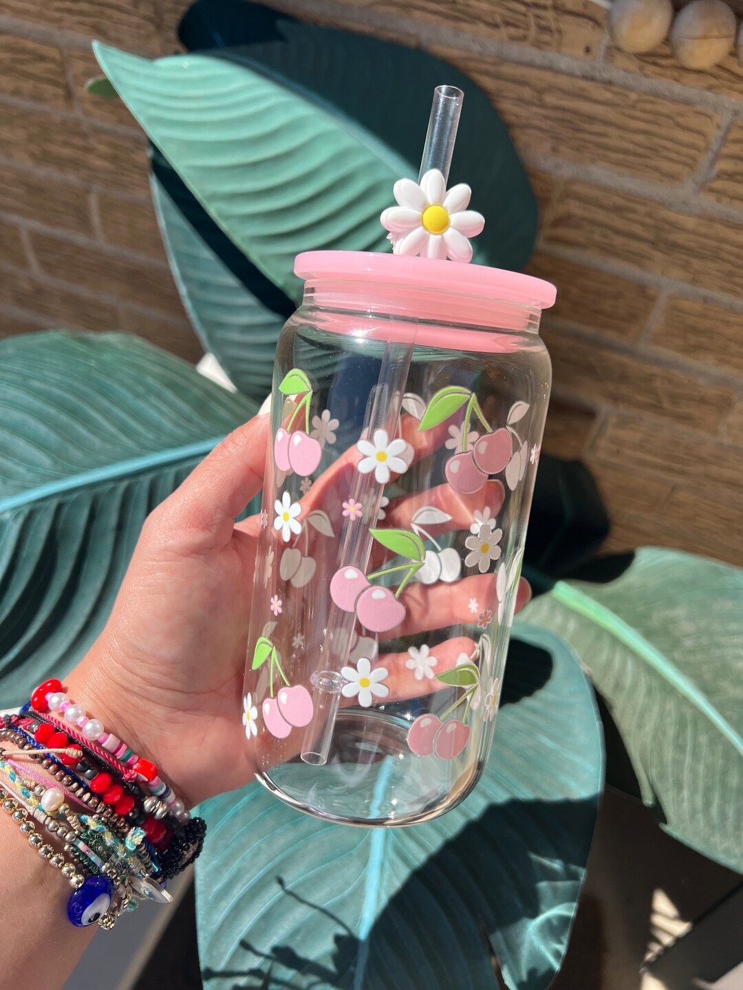 Pink Cherry Glass Cup: Spring Drinkware With Straw & Lid - Etsy