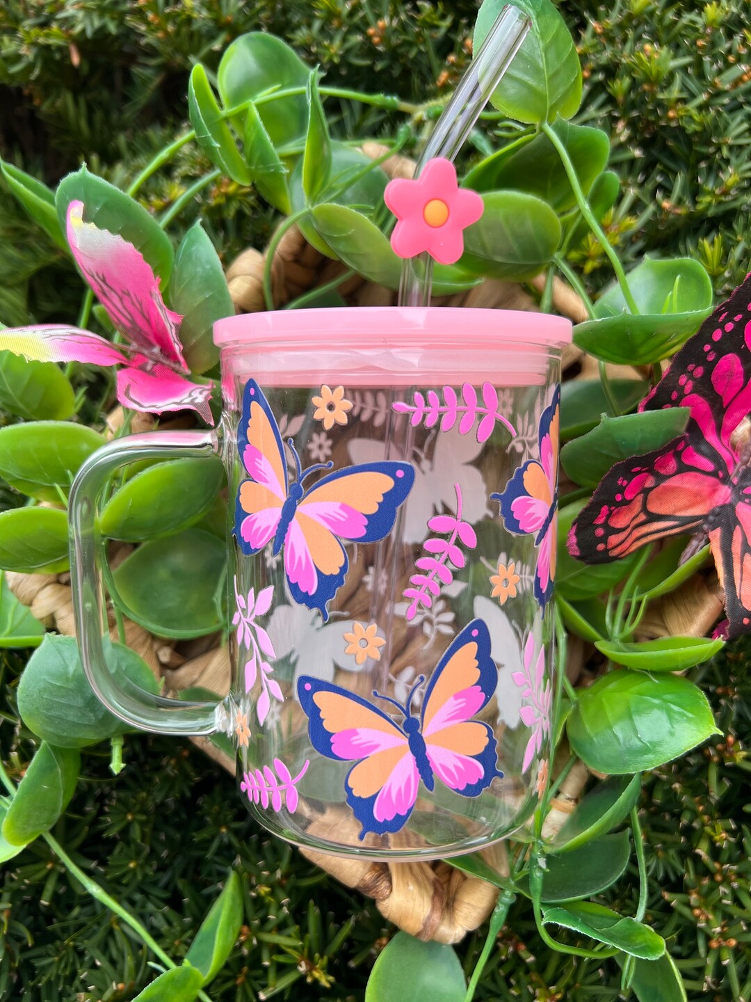 Butterflies Glass Mug| Spring Glass Cup| Spring Vibes Cup| Butterflies ...