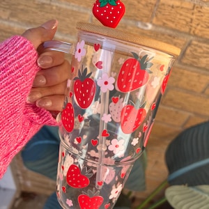 Strawberry Glass Tumbler (20oz): Valentines Day Cup With Lid & Straw - Etsy
