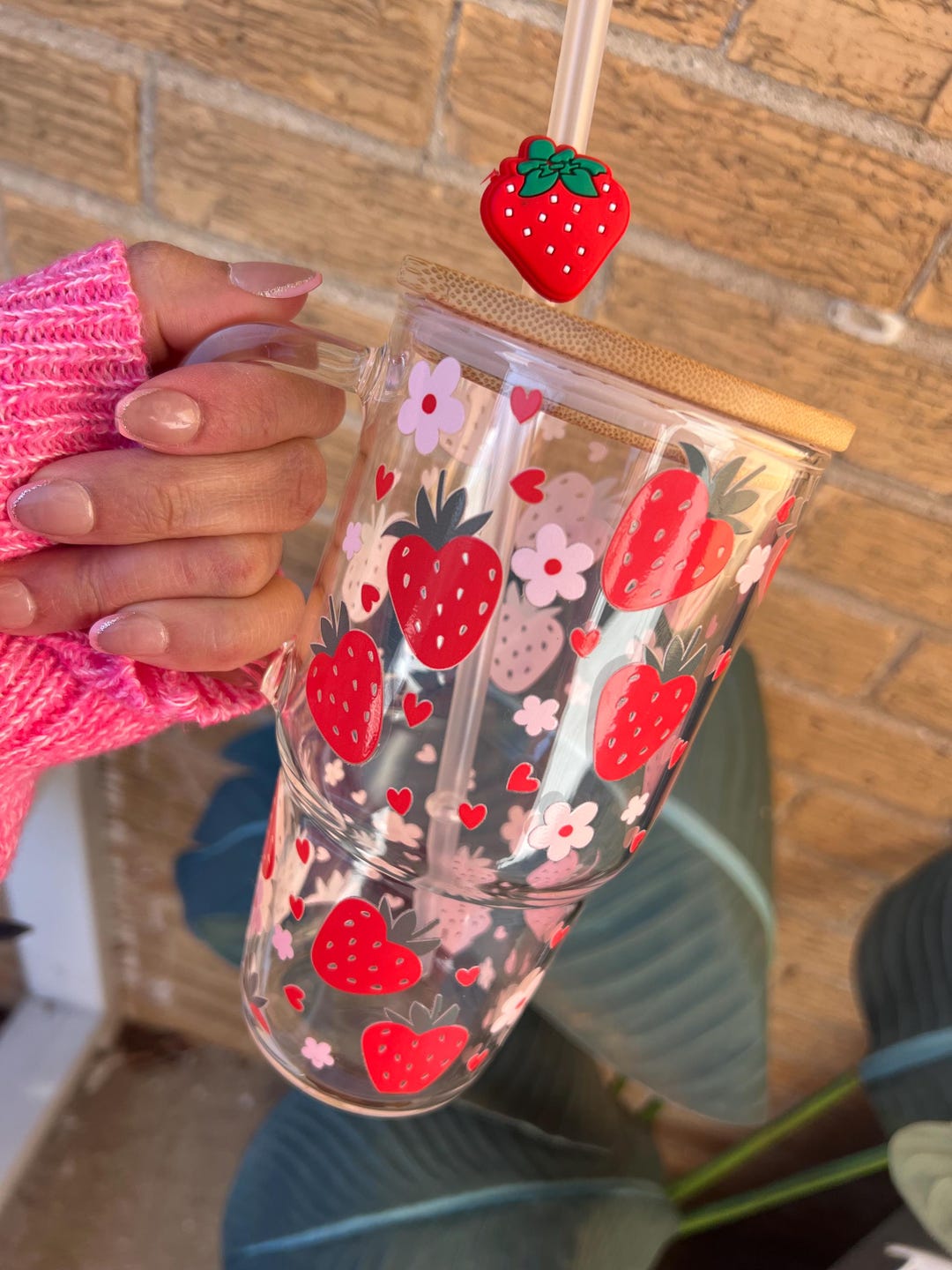 Strawberry Glass Tumbler (20oz): Valentines Day Cup With Lid & Straw - Etsy