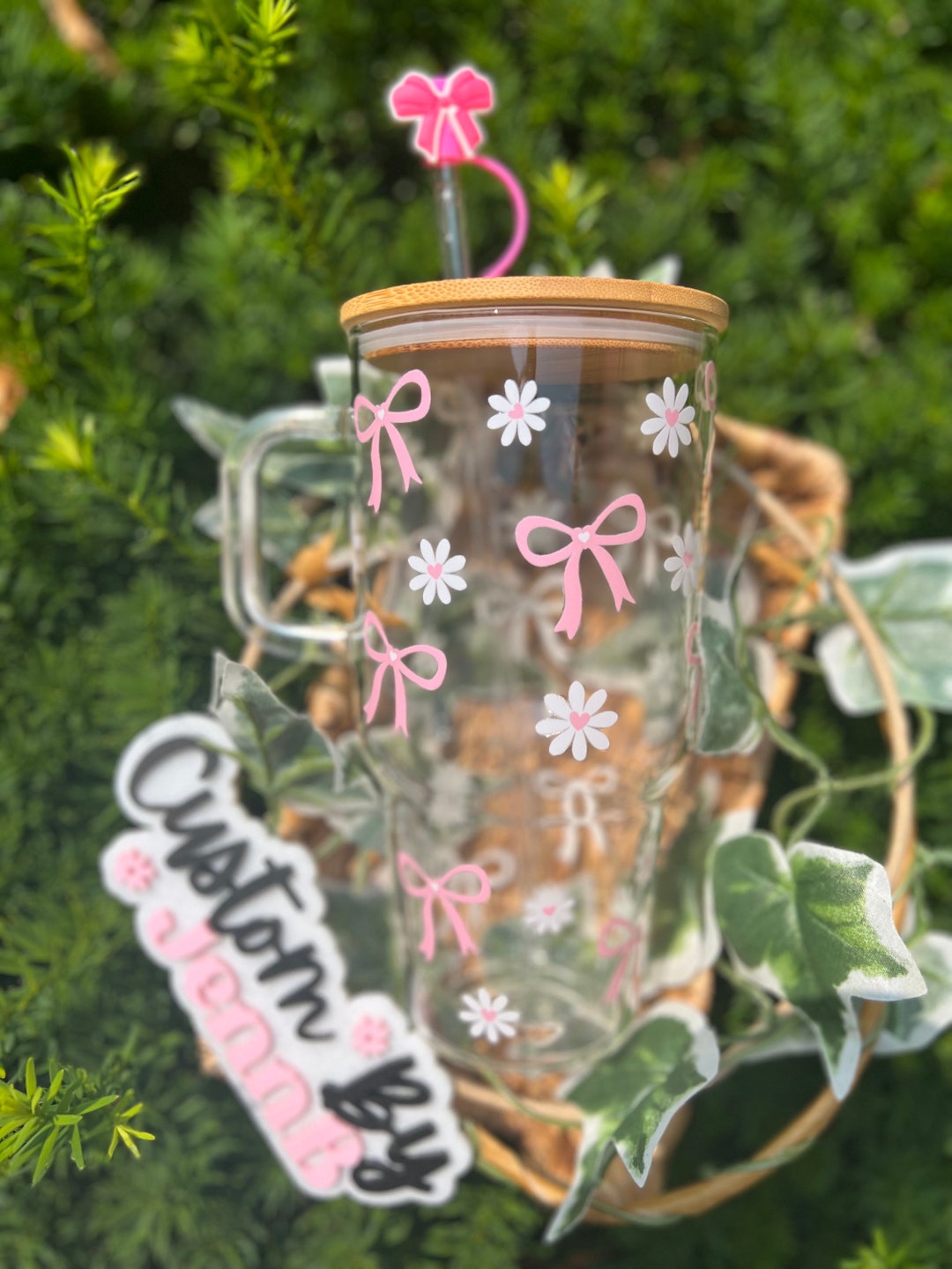 pink-bows-32-oz-glass-cup-glass-mug-coquette-cup-daisy-mug-32-oz