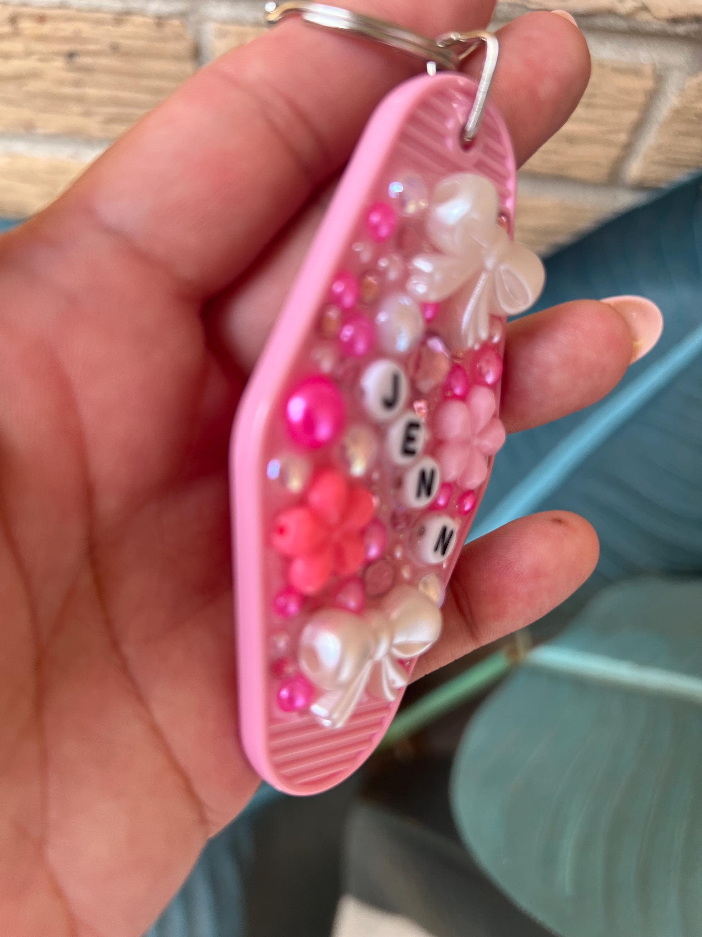 Coquette Motel Keychain: Pink Bows, Rhinestone Beads, Personalized Name ...