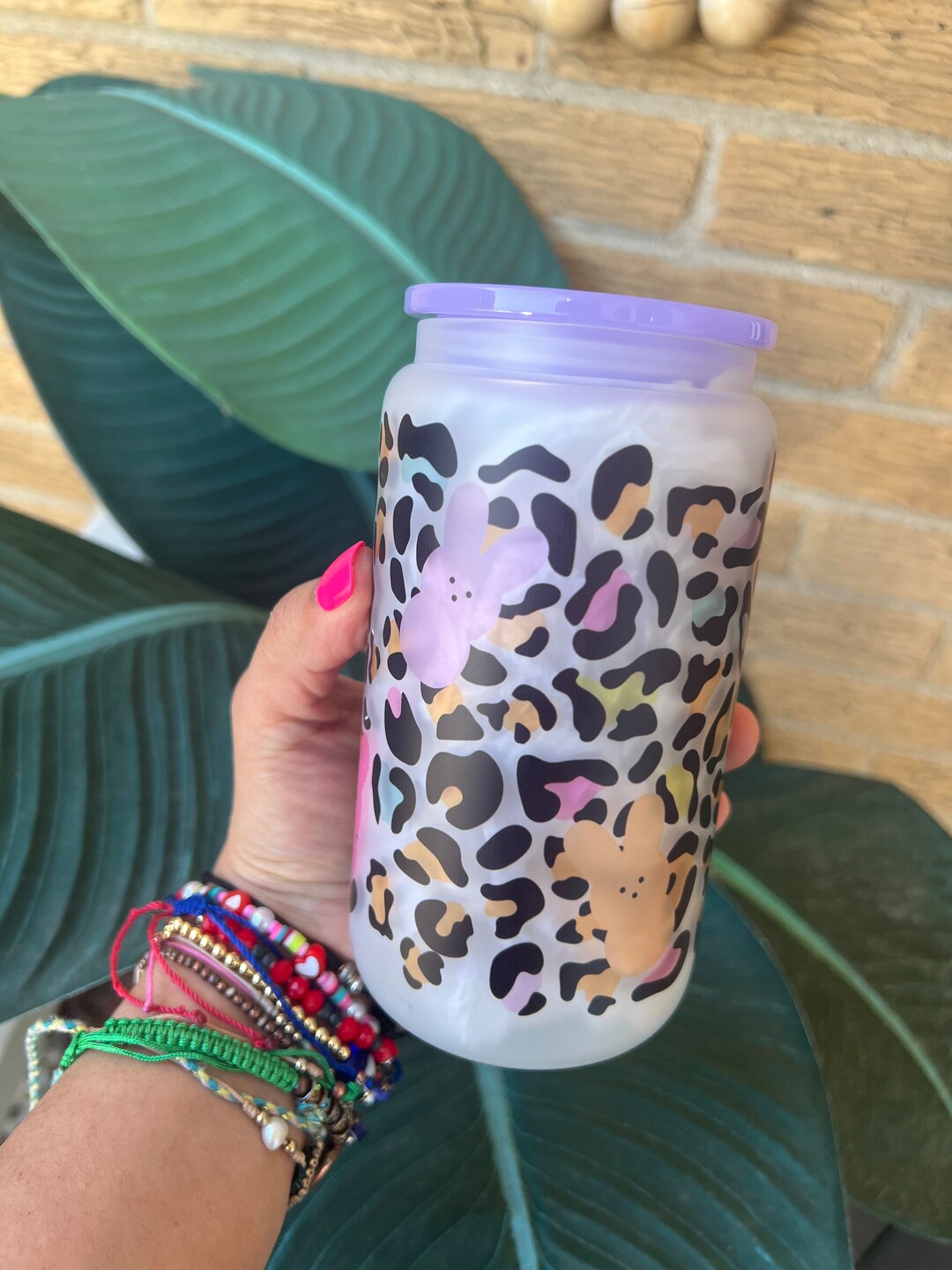 Easter Bunny Glass Can| Animal Print Cup| Pastel Colors Cup| Easter ...