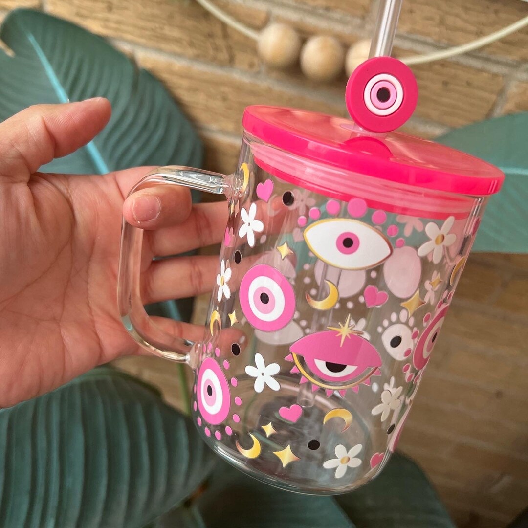 Evil Eye Glass Mug | Pink | Pink Evil Eye| Glass Mug | Protect Your ...