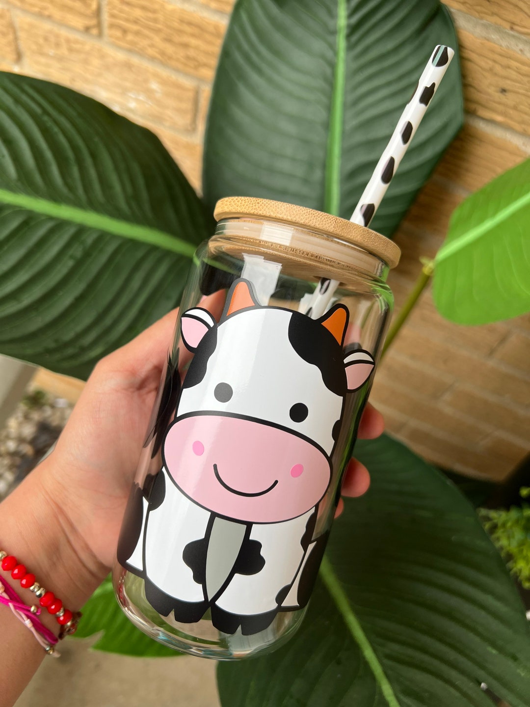 Cow Glass Can | Cow Print | Libbey Can| Reusable Cup| Bamboo Lid | - Etsy