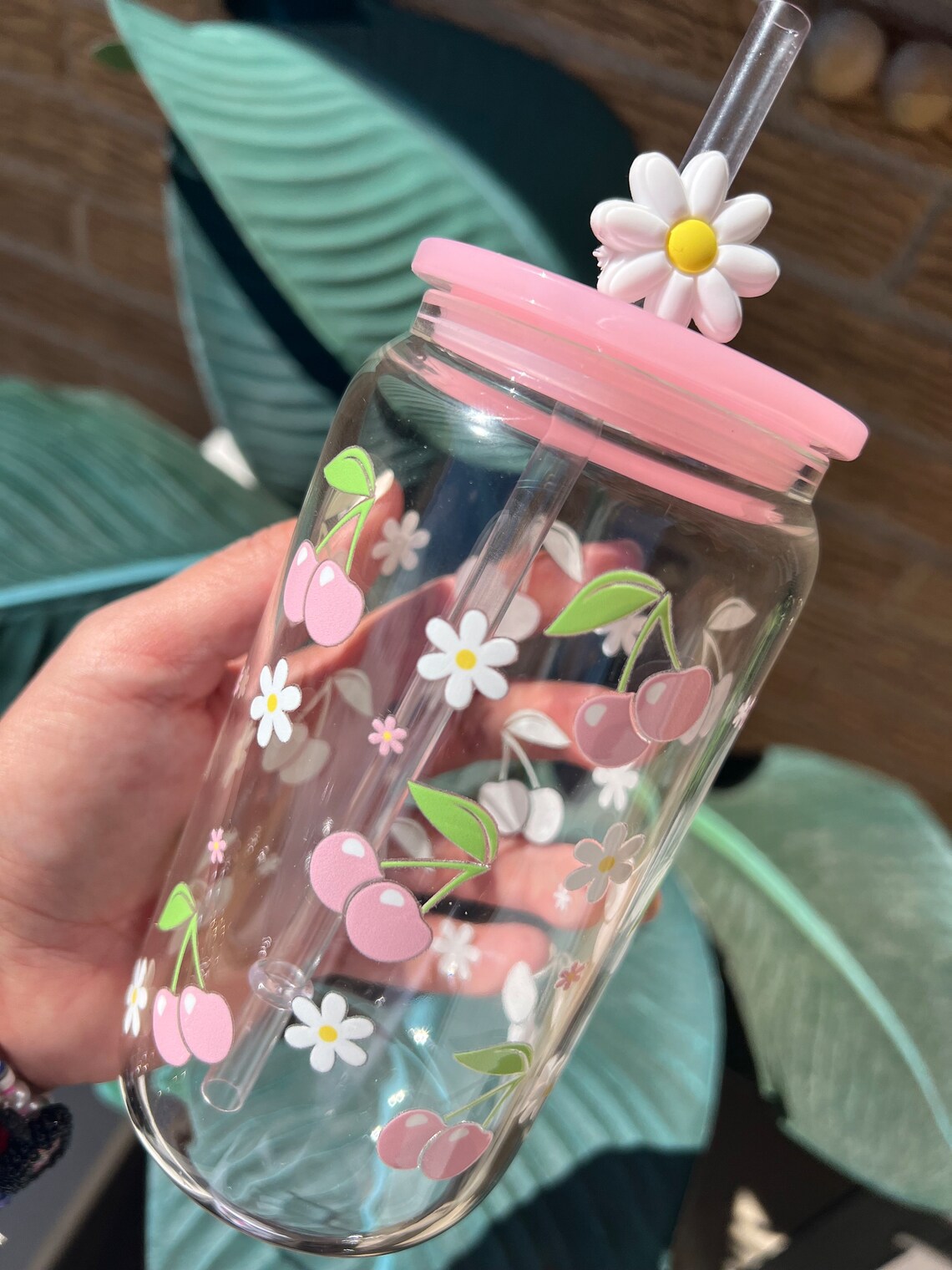 Pink Cherry Glass Cup: Spring Drinkware With Straw & Lid - Etsy