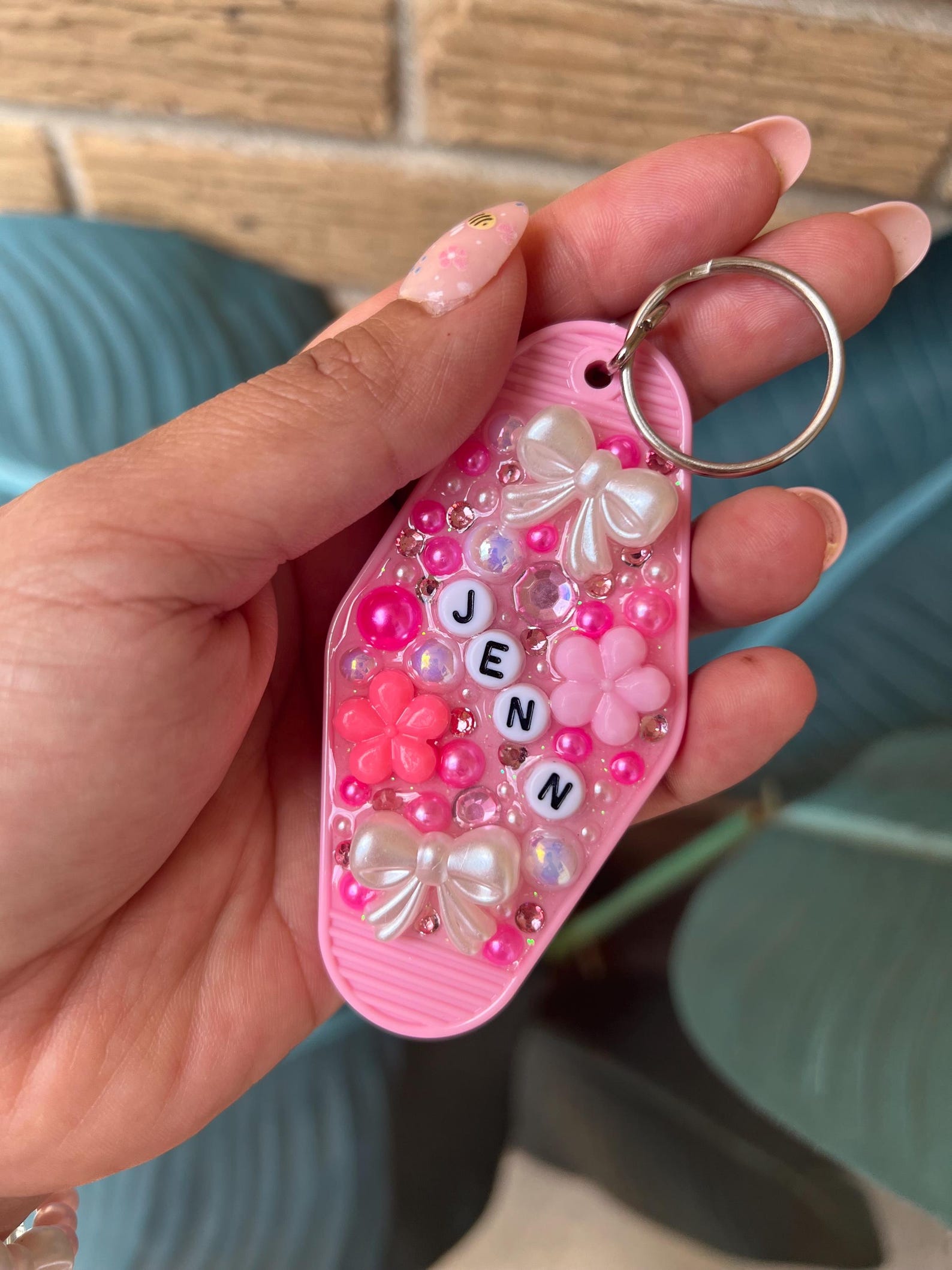 Coquette Motel Keychain: Pink Bows, Rhinestone Beads, Personalized Name ...