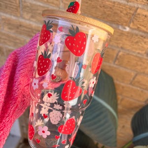 Strawberry Glass Tumbler (20oz): Valentines Day Cup With Lid & Straw - Etsy