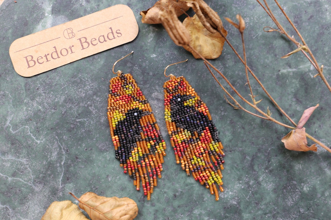 Golden Raven - Handwoven Beaded Earrings,long Modern Earrings,dark ...