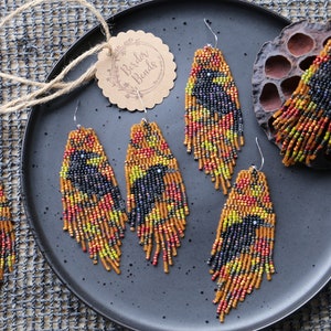 Golden Raven - Handwoven Beaded Earrings,long Modern Earrings,dark ...