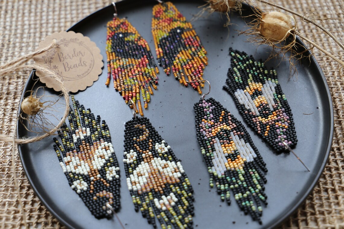 Golden Raven - Handwoven Beaded Earrings,long Modern Earrings,dark ...
