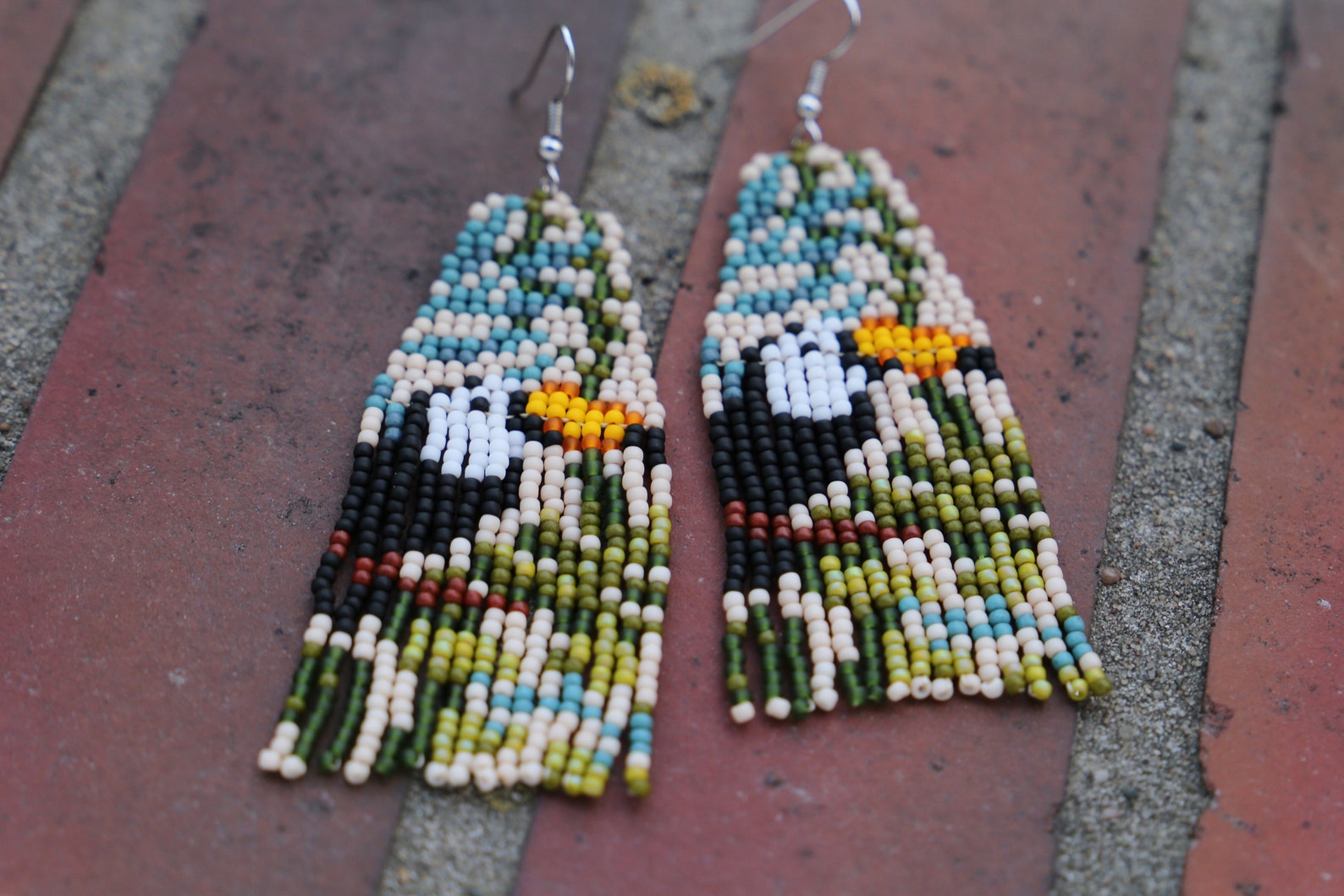 Handwoven beaded earrings long modern earrings tropical | Etsy