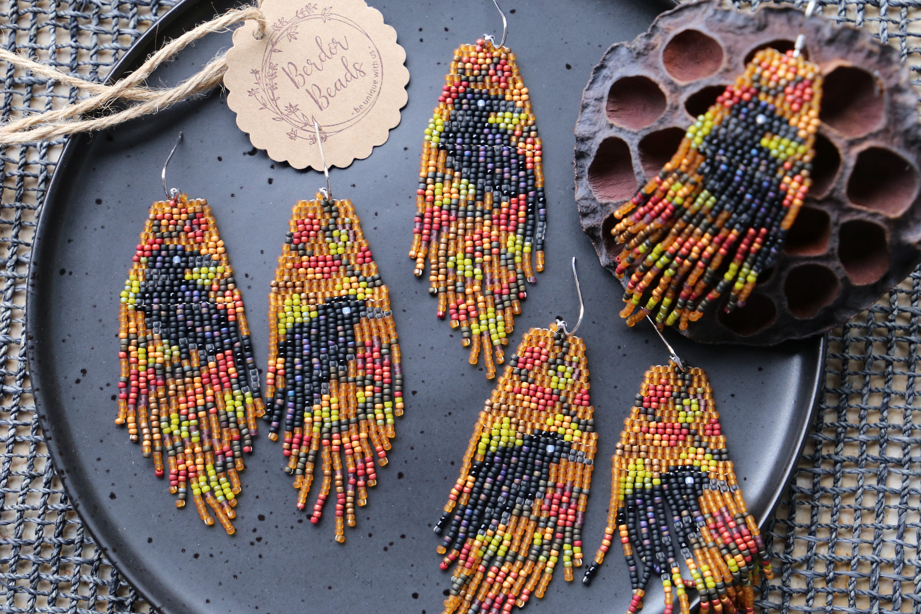 Golden Raven - Handwoven Beaded Earrings,long Modern Earrings,dark ...