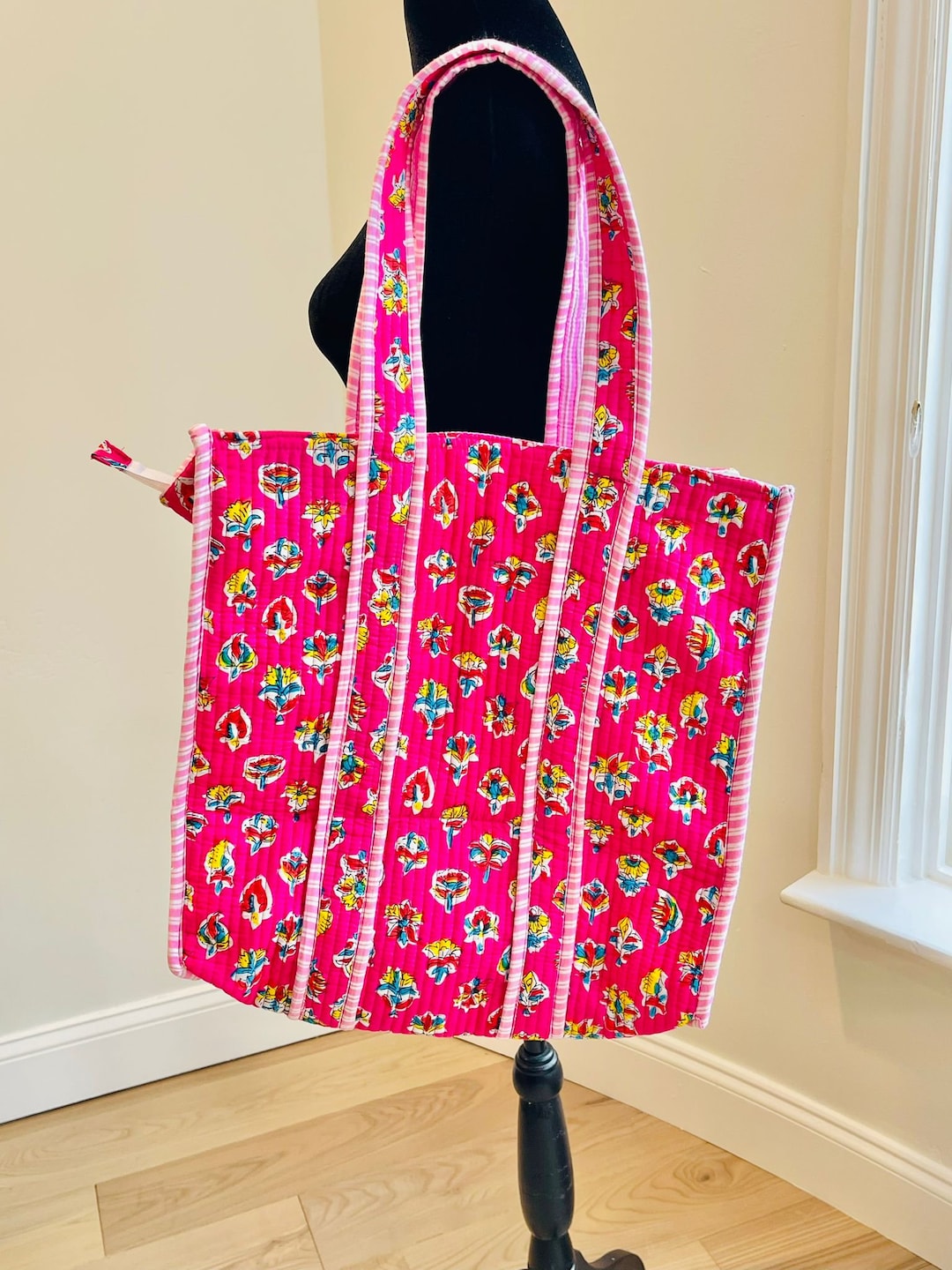 Pink Handmade Quilted Tote Shopping Bag, Floral Print Cotton Market Bag ...