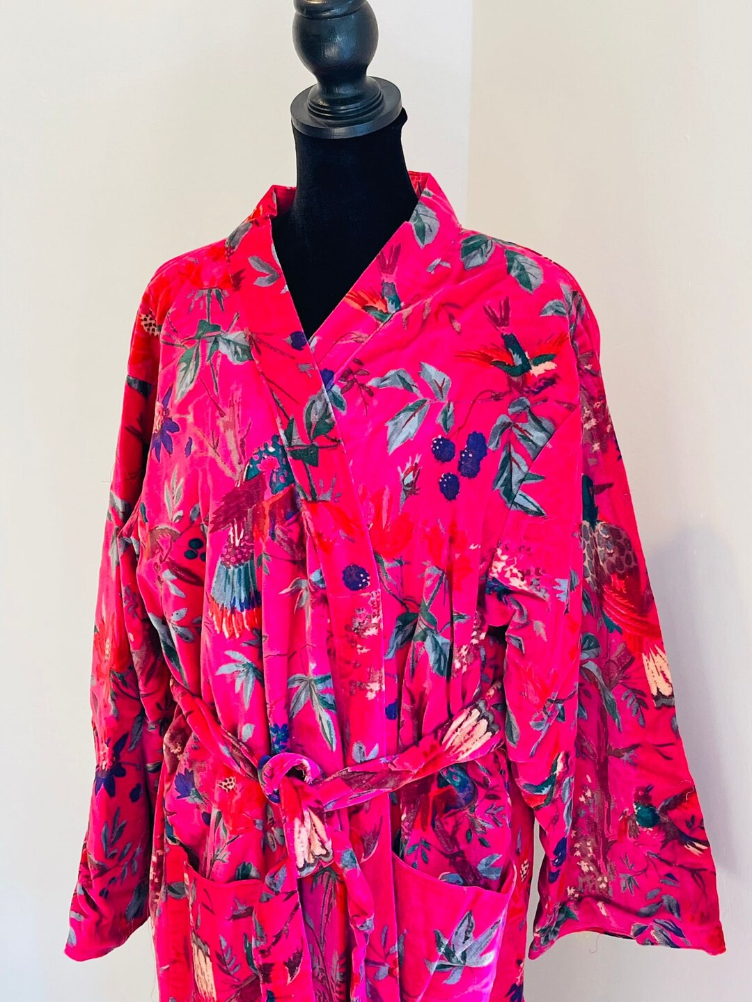 OFMD Dark Pink Floral Velvet Banyan Fabric Kimono Cotton Velvet Robe ...