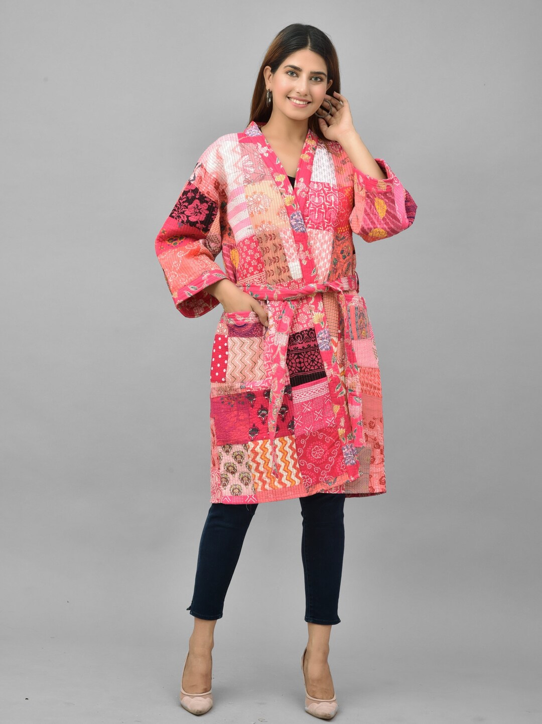 Hand Block Print Quilted Kimono Open Kantha Jacket, Night Wear Kimono ...