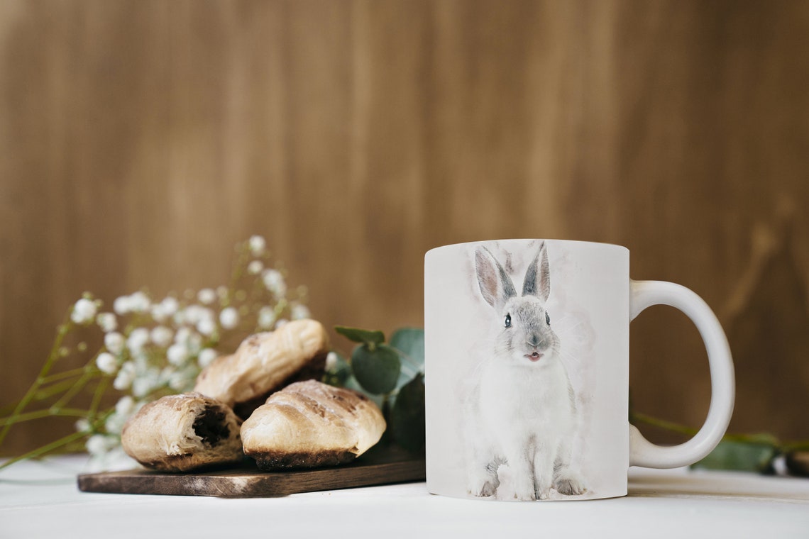 Watercolor Bunny Mug. White Ceramic Mug. Coffee Lover Gift. Rabbit Tea ...