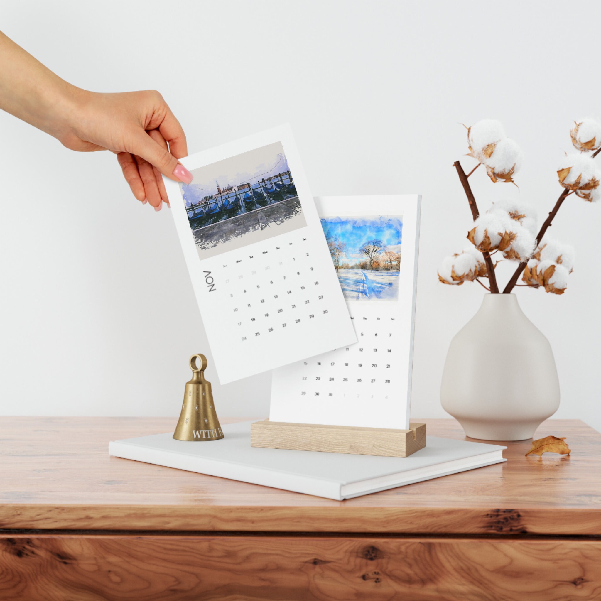 Illustrated Vertical Desk Calendar. 2024 Calendar with Wooden Stand ...