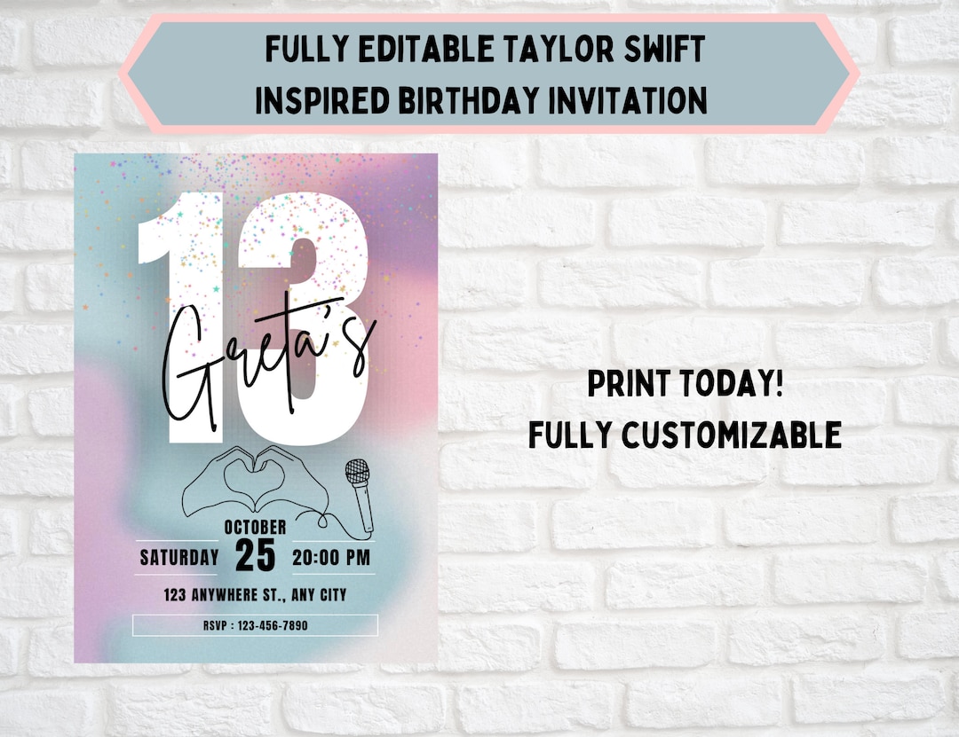 Taylor Swift Inspired Birthday Invitation Invite Digital Fully Editable ...