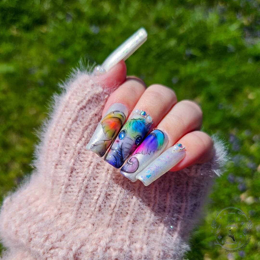 Rainbow Elephant Press on Nails, Summer, Spring, Elephants, Pearl ...