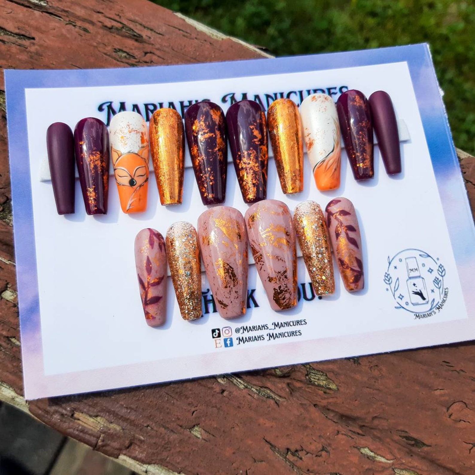 Sleeping Fox Press on Nails | Fox Nails | Leaves | Fall Nails | Autumn ...