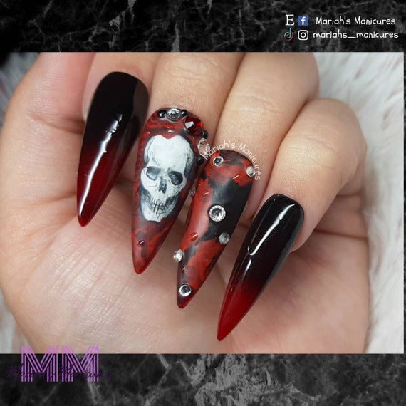 Skull Roses Press on Nails Skeleton Gothic Roses Handpainted Nails Spooky Season Red Nails Halloween Nails Ombre Etsy