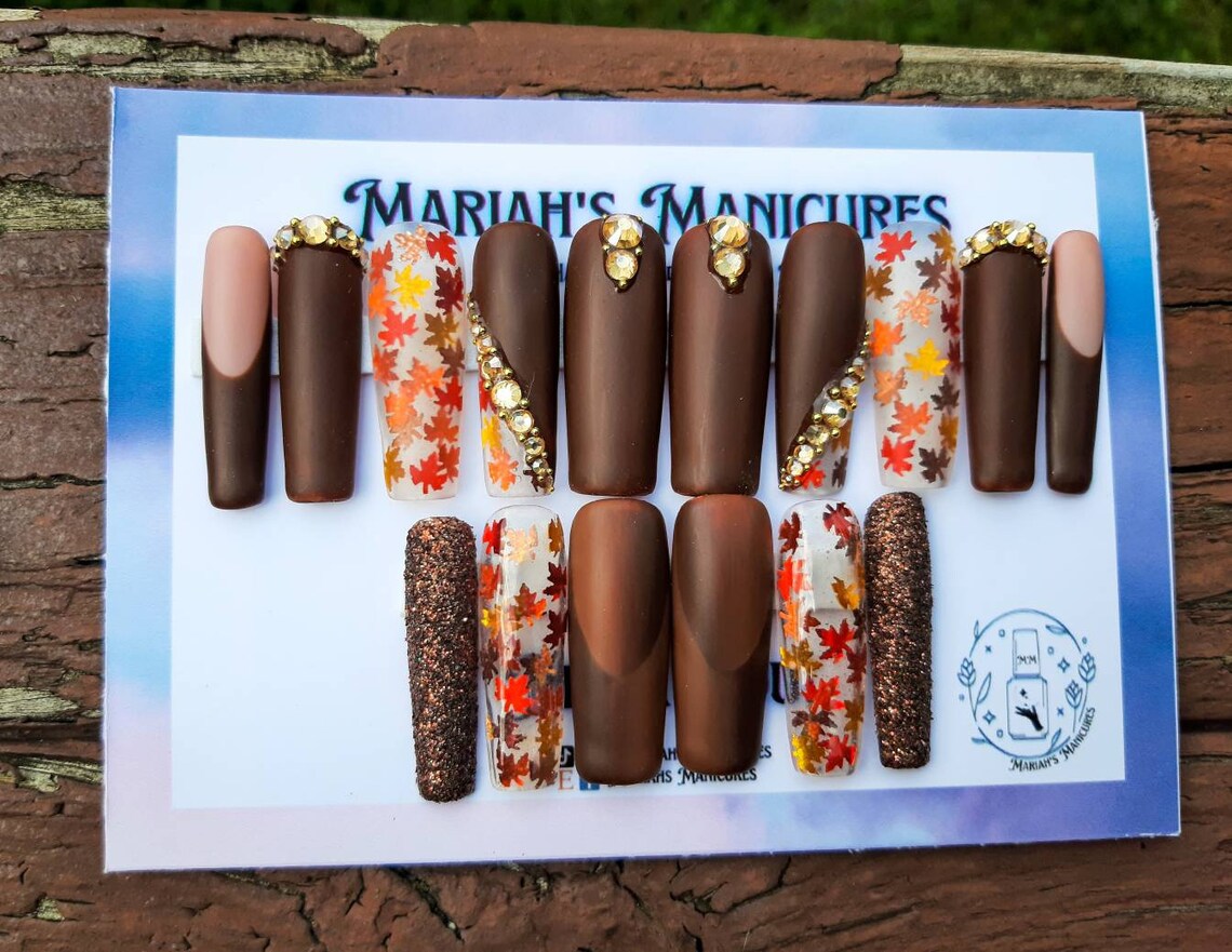 Maple Latte Acrylic Press on Nails Autumn Nails Leaves - Etsy