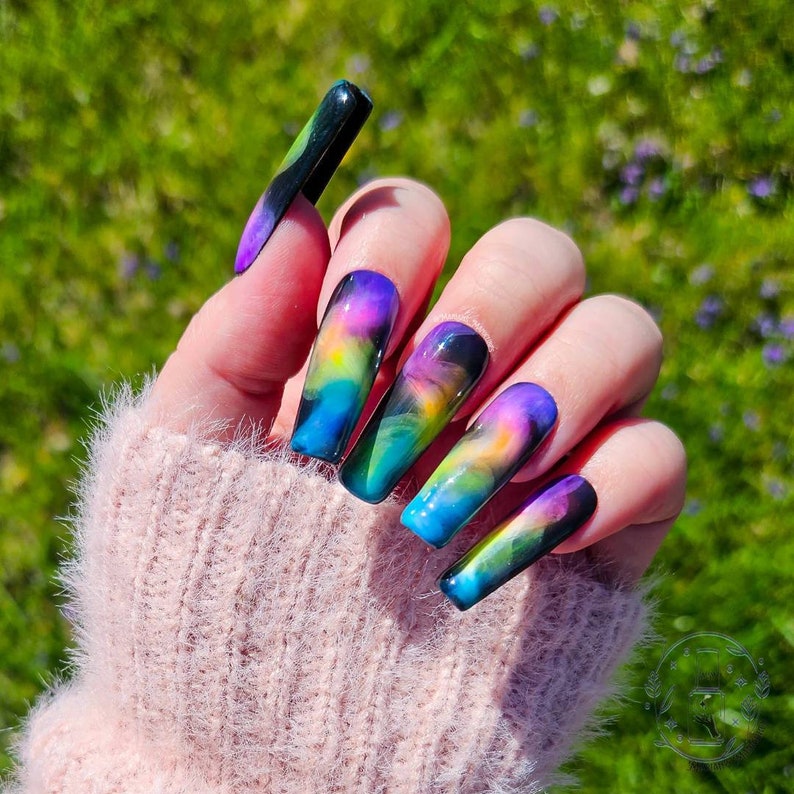 Neon Smoke Press on Nails, Summer, Pigment, Black Nails, Rainbow ...