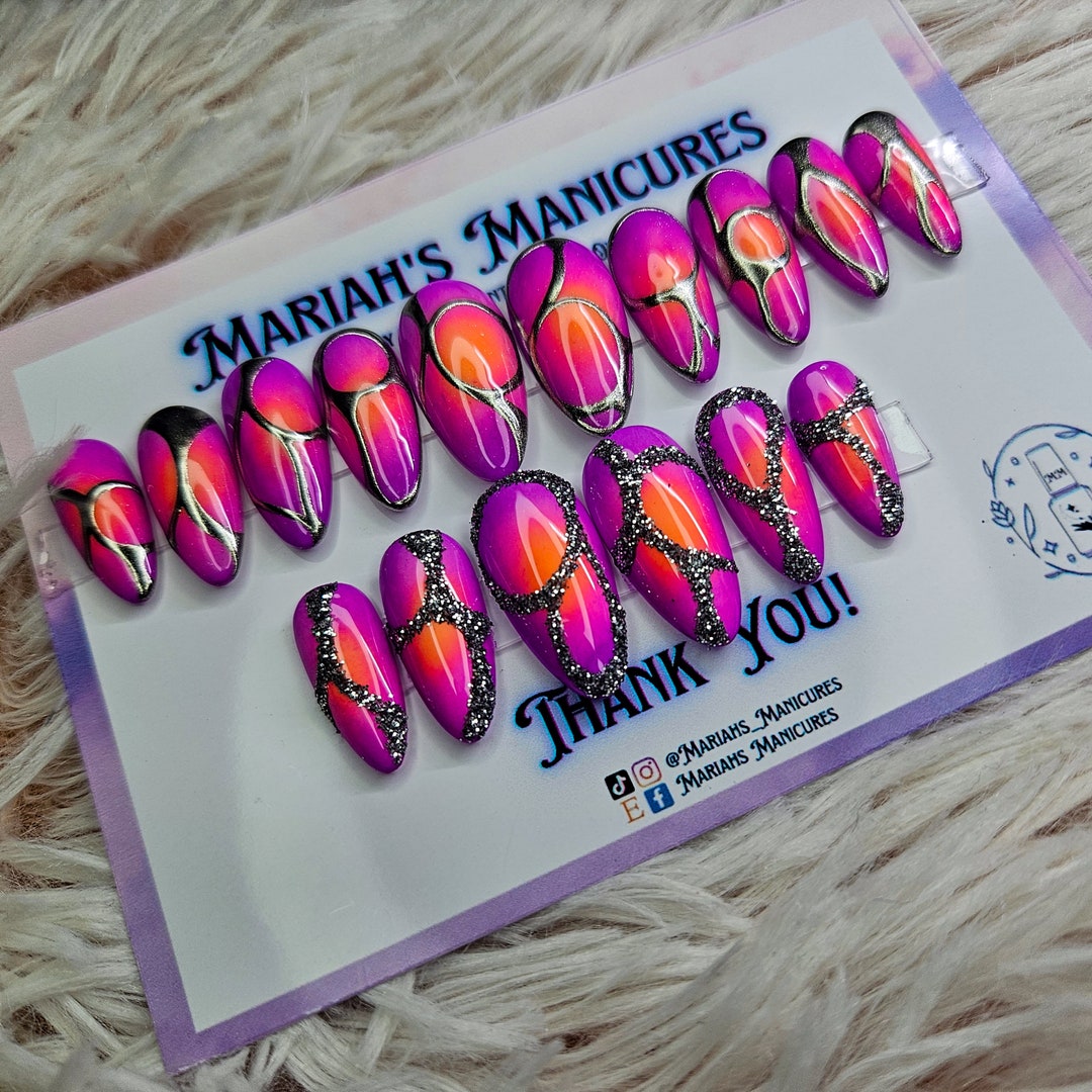 Electric Neon Press on Nails, Summer, Pigment, Black Nails, Rainbow ...
