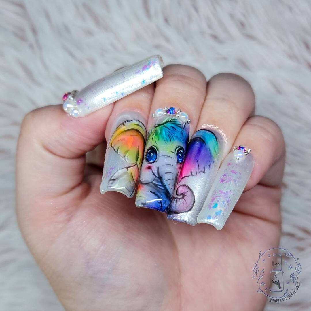 Rainbow Elephant Press on Nails, Summer, Spring, Elephants, Pearl ...