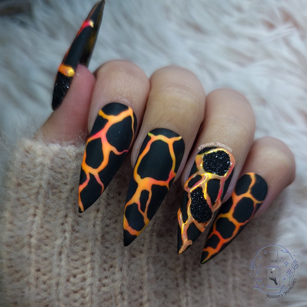 Magma Press on Nails, Tattoo, Gothic, Lava, Hot, Black, Glitter, Red ...