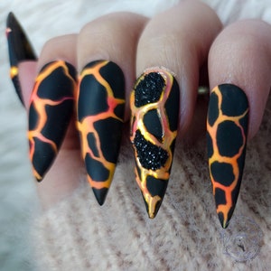 Magma Press on Nails, Tattoo, Gothic, Lava, Hot, Black, Glitter, Red ...