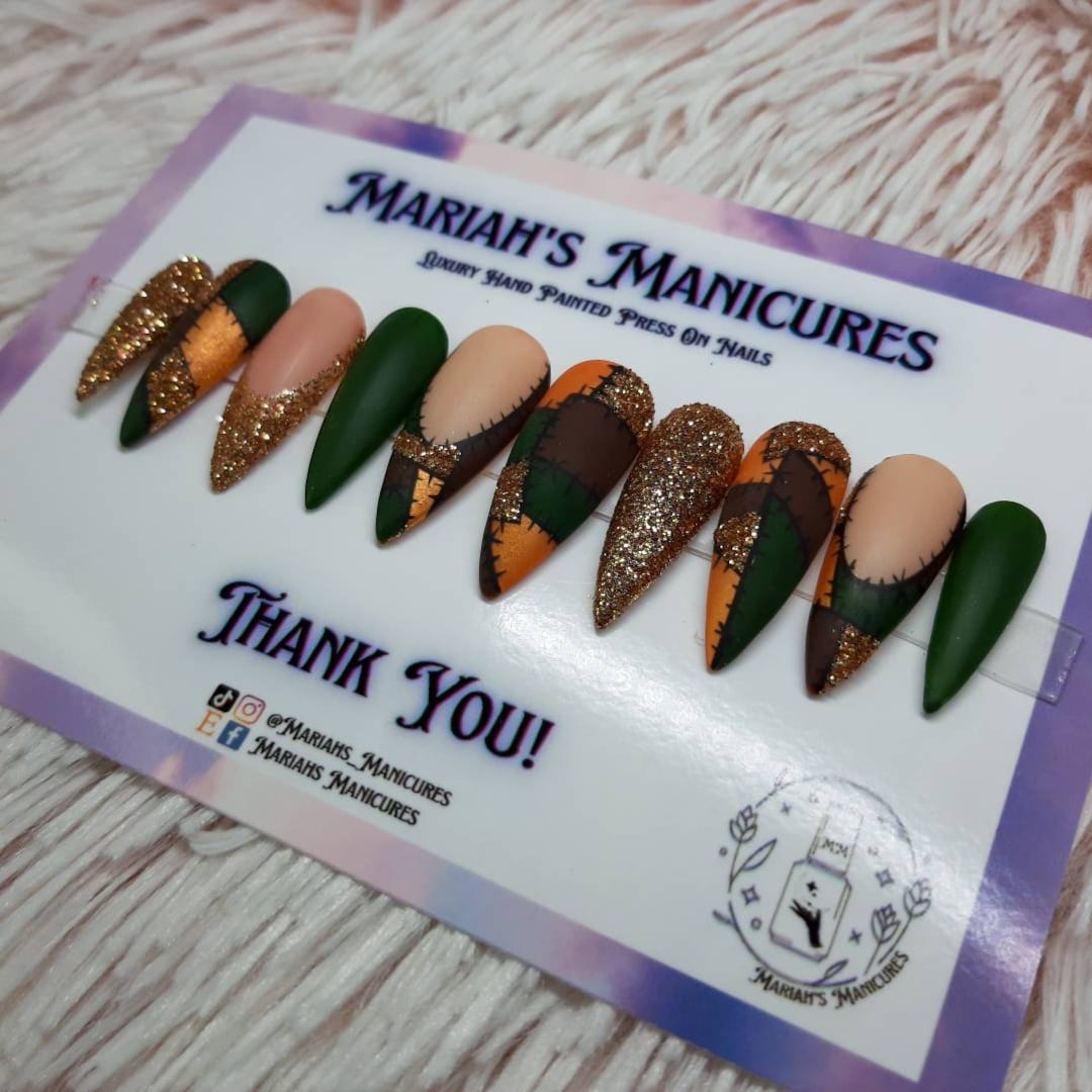 Patchwork Press on Nails | Pumpkin Nails | Fall Nails | Autumn Nails ...