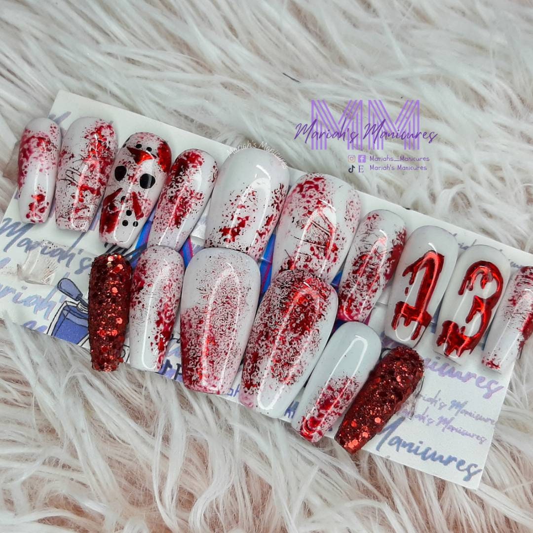 Jason Press on Nails | Haunted | Scary Movie | Friday Handpainted Nails ...