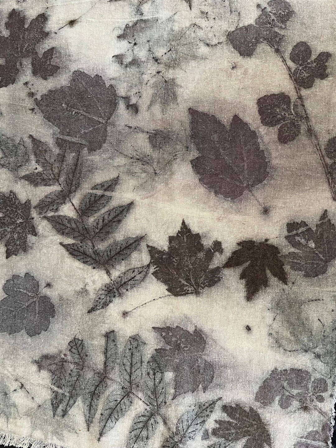 16.5 X 34 Inch Botanical Dyed Eco Hand Printed Linen Fabric Leaves in ...