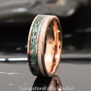 6mm Opal Moss Agate Fire White Opal Wedding Ring 8mm 6mm Rose Gold Tungsten Wedding Ring Men ...